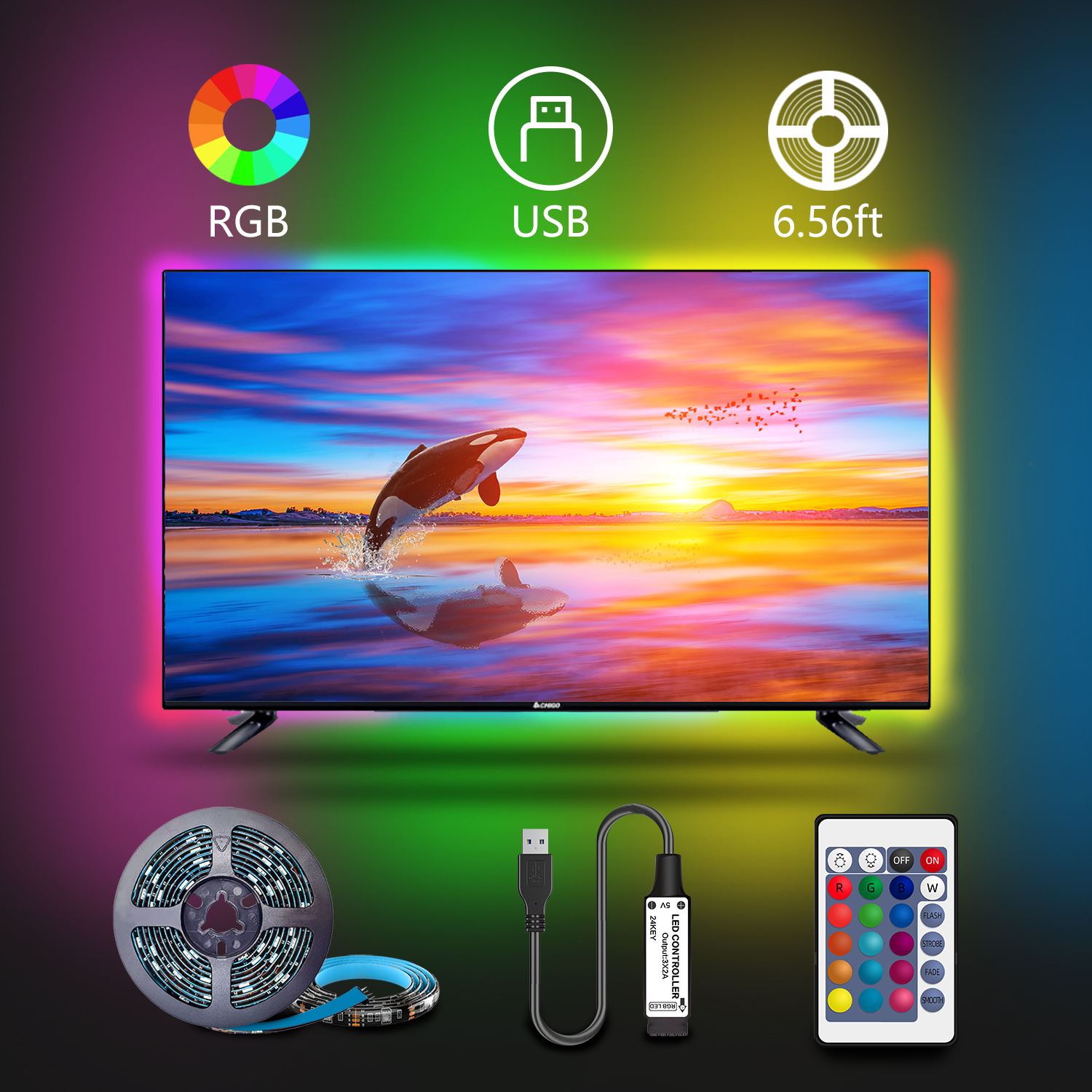 LED TV Backlight USB Powered 6.56ft RGB Led Strip Lights for 40-60in TV ...